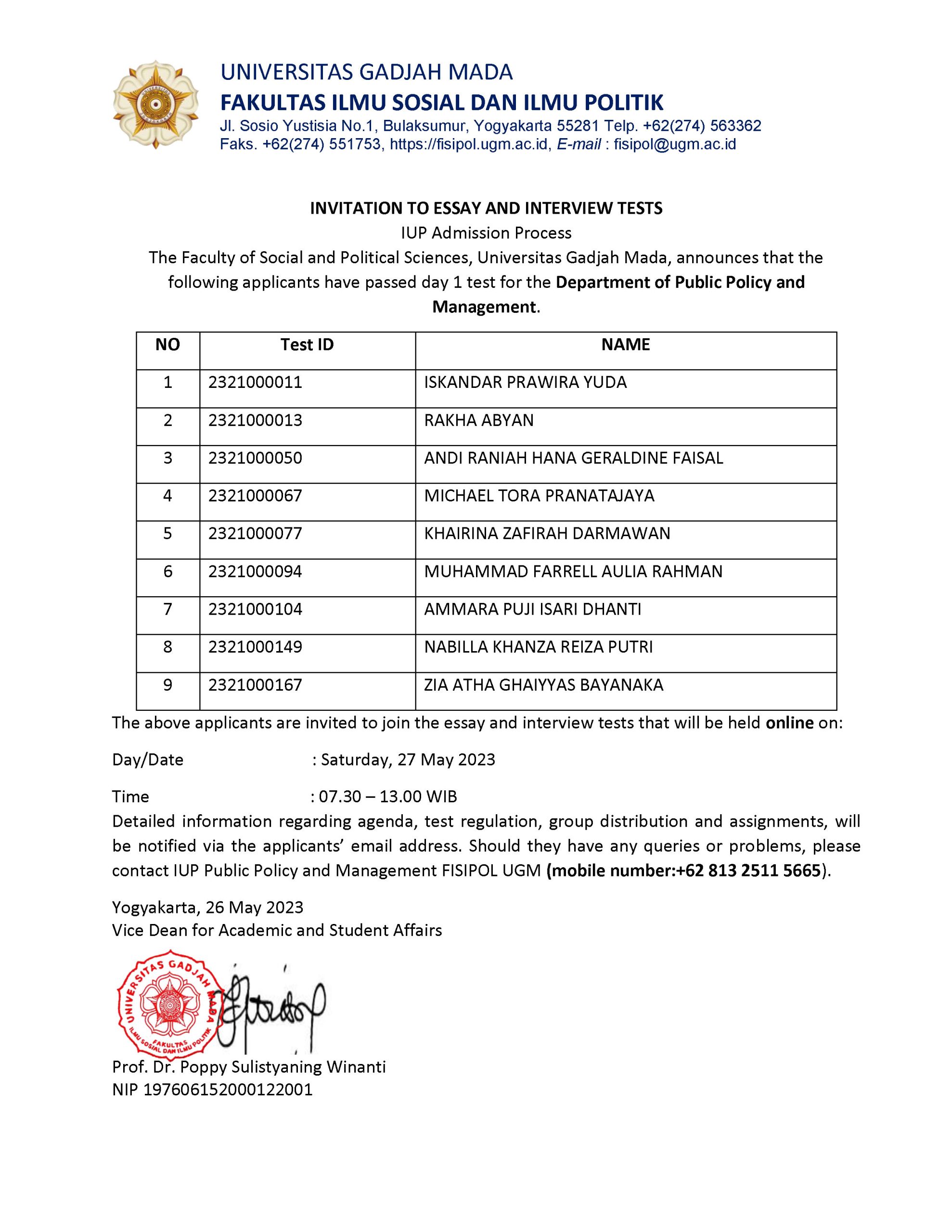 Invitation to Essay and Interview Tests IUP PPM Admission Process ...